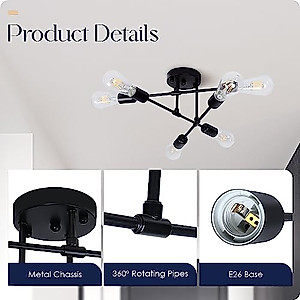 Soilsiu Modern Sputnik Chandelier, 6-Light Ceiling Light Fixture, Metal Semi Flush Mount Light Fixtures for Dining Room, Kitchen, Bedroom, Office (Black, W:16.5",H:8")