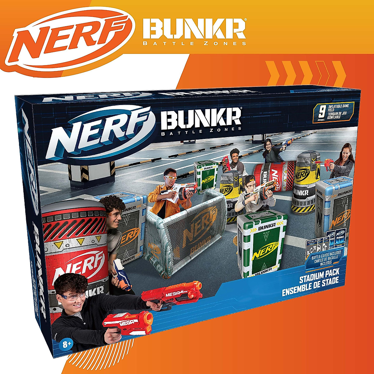 NERF BUNKR Officially Licensed Stadium Pack Inflatable Battlezone - 9 Piece Barricade Shield Bunker Set - Perfect for NERF Party NERF War