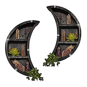 CALIDAKA 2Pcs Moon Shelves Crescent Moon Shelf Wall Mounted Wooden Crystal Moon Floating Shelves Hanging Storage Disaplay Shelf Moon Wall Decor for Living Room Bedroom Bathroom Kitchen
