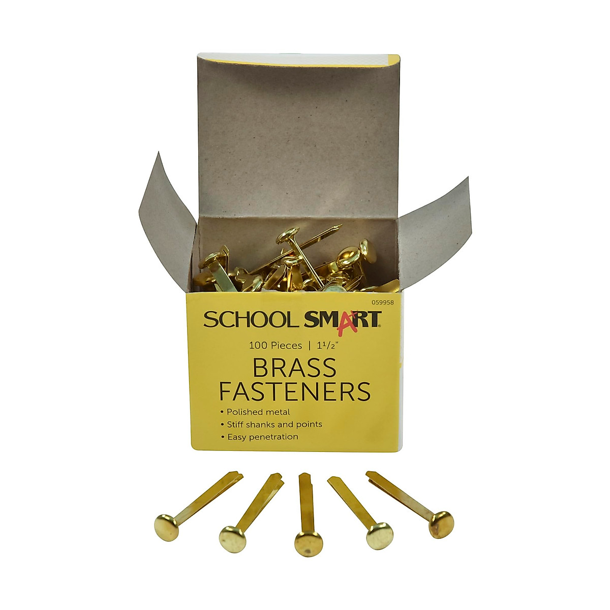 School Smart Brass Plated Fasteners - 1 1/2 inch - Box of 100