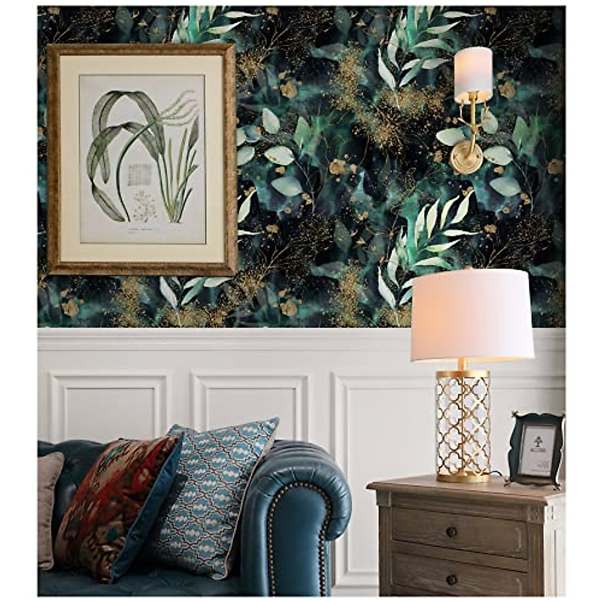 HAOKHOME 93208 Boho Peel and Stick Wallpaper Leaves Branch Removable Black/Green/Matte Gold Vinyl Self Adhesive Mural for Bedroom 17.7in x 9.8ft