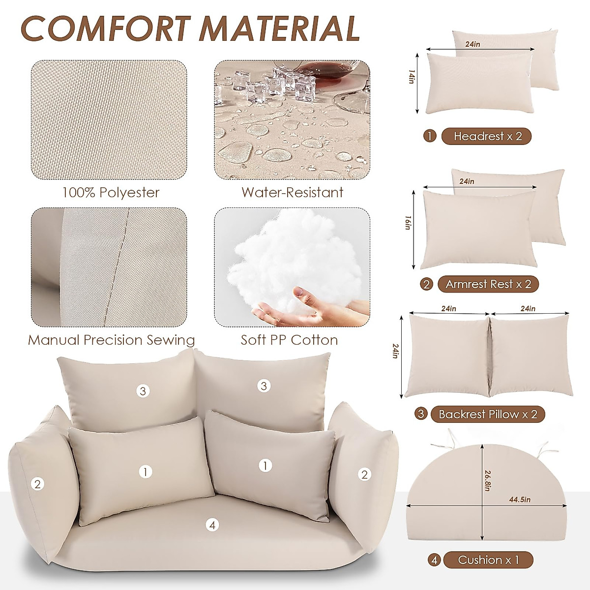 RADIATA Oversized Wicker Double Egg Chair w/ 7 Cushions 500lb Capacity Lounge Basket with Strong Heavy-Duty Steel Frame for Indoor Outdoor Patio Backyard Living Room (Beige)