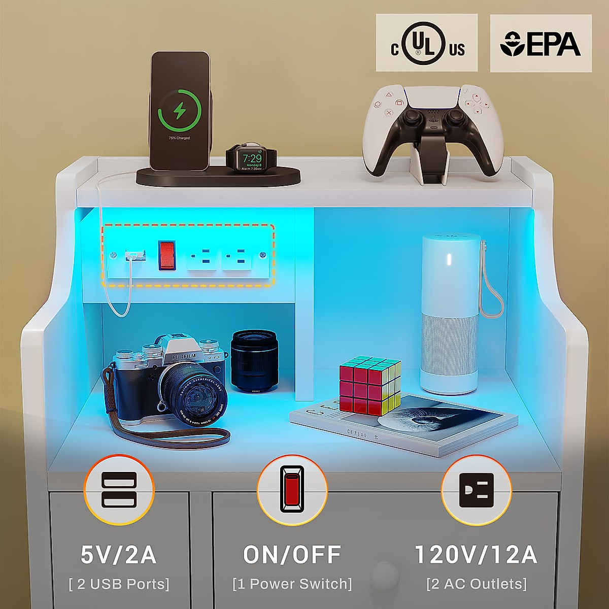 ADORNEVE LED Nightstand with Charging Station,Night Stand with Hutch for bedroom,Bedside Table with Drawers,Modern End Table,White