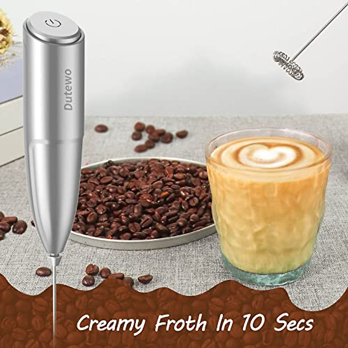 Hand Mixer Milk Frother for Coffee - Coffee Bar Accessories, Dutewo Frother Handheld Foam Maker for Lattes, Electric whisk Drink Mixer for Coffee, Mini coffee stirrer for Frappe Hot Chocolate (Silver)