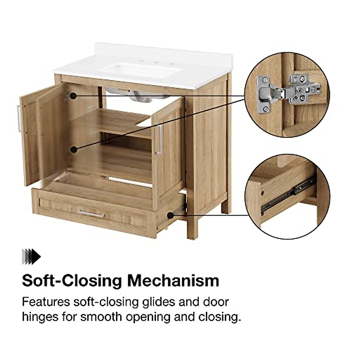 OVE Decors Kansas 36" Single Sink Bathroom Vanity Set with Countertop, Fully-Assembled | Ceramic Sink and Backsplash Included | 02 Doors, 01 Drawer, 36 inches, White Oak