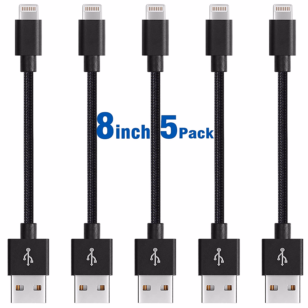 Short USB to Lightning Cable, 5Pack 8 inch Phone Charger Cable Fast Charging Braided Cord High Speed Connector Compatible with iPhone 14 13 12Pro Max/12Pro/12/11 Pro/11/XS MAX/XR/8/7/6s/6(Black)