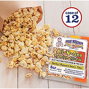 Case of 12 Popcorn Packs - All-In-One Kit with 6-Ounces of Pre-Measured Kernels, Salt, and Oil Packets for Popcorn Machines by Great Northern Popcorn