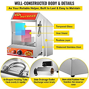 VEVOR Hot Dog Steamer, 27L/24.52Qt, 2-Tier Hut Steamer for 175 Hot Dogs & 40 Buns, Electric Bun Warmer Cooker with Tempered Glass Slide Doors Partition Plate Food Clip PTFE Tape, Stainless Steel