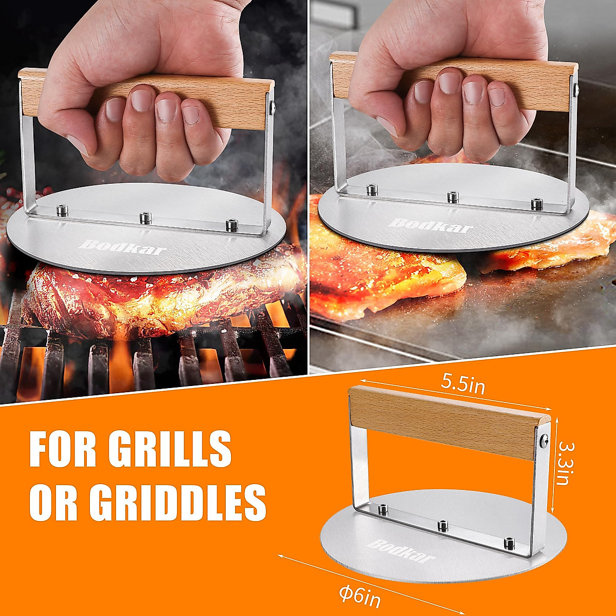 bodkar Smash Burger Press Stainless Steel 6 Inch Round Burger Smasher with Wood Handle, Grill Press Meat Flattener Tool for Flat Top Griddle Grill Cooking