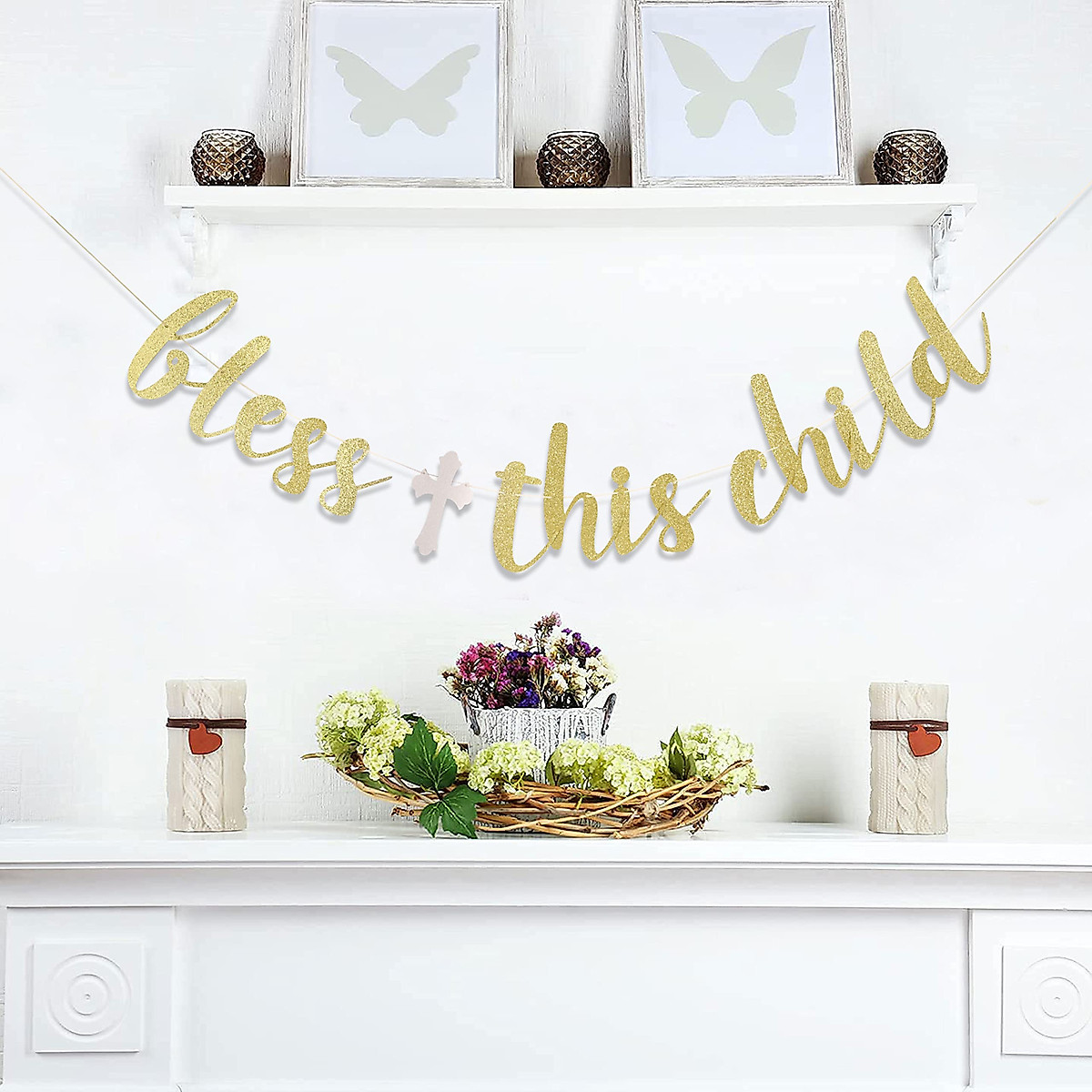 Bless This Child Banner - boy/girl Baptism Gold Banner, First Communion Baby Shower Banner, Party Toppers, Baby Baptism Shower, Baptism Banner