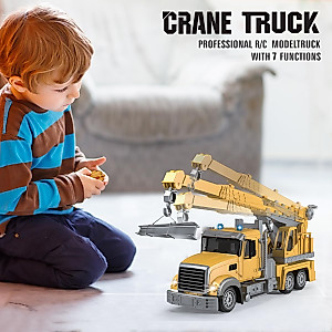 QuirkyGlee Remote Control Crane Truck Toy, RC Crane Truck 7 Channel 1:24 Construction Vehicles Toys，with One-Touch Lift Sounds & Lights, Two Rechargeable Batteries, Kids Cranes Toy for Boy Gift