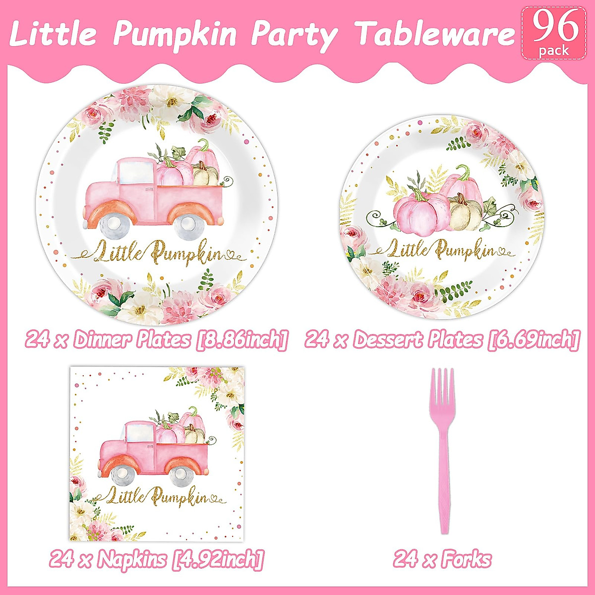 Thankgiving Pink Little Pumpkin Paper Plates Napkins Pink Pumpkin Baby Shower Birthday decorations Girl Tableware A Little Pumpkin is On Her Way Disposable Plates Party Supplies 24 Guest