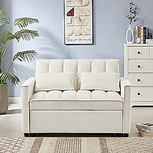 YUNLife&Home 3 in 1 Convertible Pull Out Sleeper Sofa Bed, Loveseat Futon Sofá Chair with Adjustable Reclining Backrests,Side Pockets&2 Pillows, Small Love Seat Lounge Couch, Velvet Beige 53.14" w