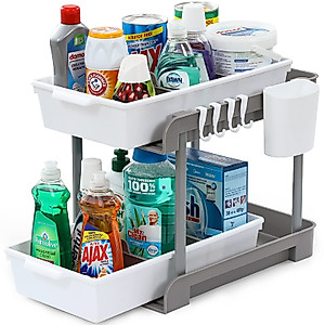 2 Tier Slide Out Under Sink Organizers and Storage with Removable Dividers - Undersink Cabinet Drawers for Bathroom, Kithcen Cleaning and Organization - Multiuse Home Pull Out Organizing Tray, 1 Set