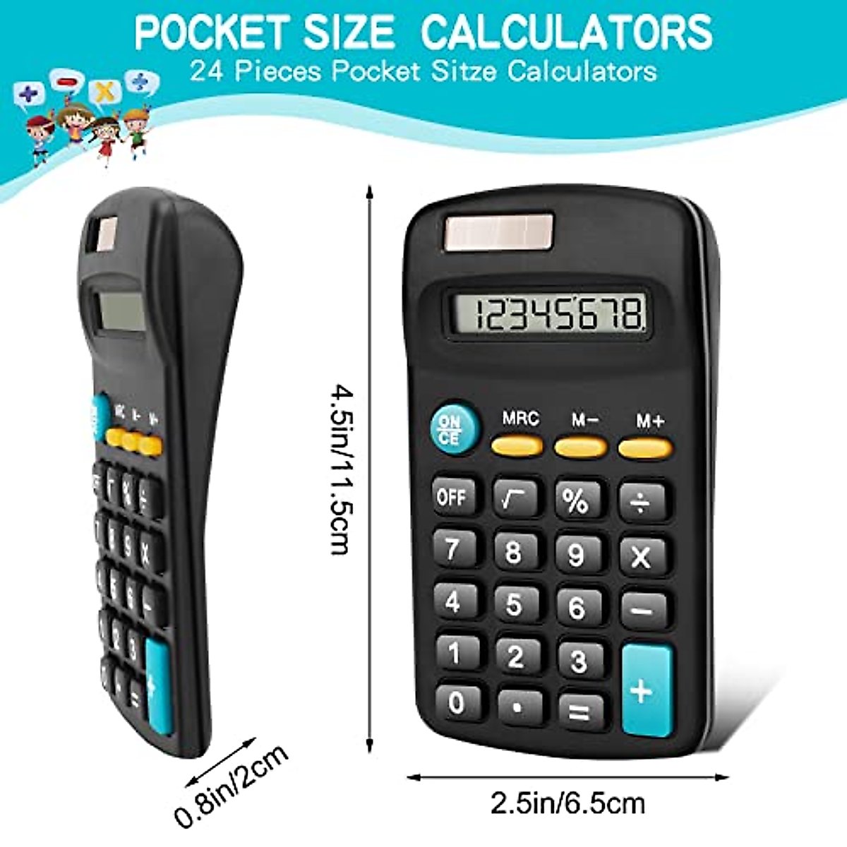 24 Pack Basic Calculators for Students Pocket Size Mini Calculators 8 Digit Display Basic Calculator Solar Battery Dual Power Handheld Calculators for Office School and Home