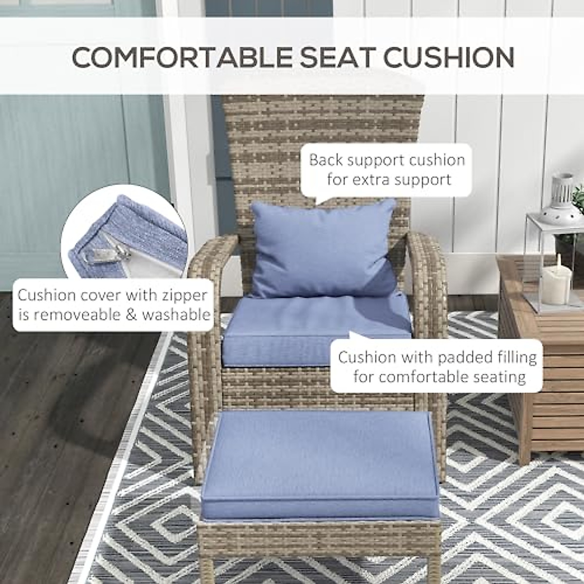 Outsunny Patio Wicker Adirondack Chair with Ottoman, Outdoor Fire Pit Chair with Cushions, High-Back, Large Seat & Armrests for Deck, Garden & Backyard, Gray