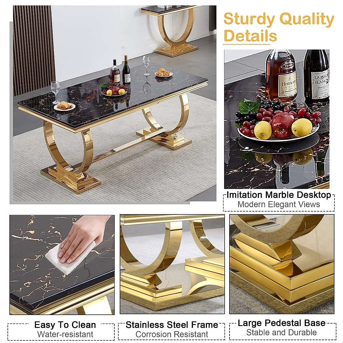 Kootlena 70" Modern Marble Dining Table, Luxury Gold Rectangular Kitchen Table for 6-8, Mid-Century White Faux Marble Dining Room Table with Mirrored Stainless Steel Pedestal Base for 6