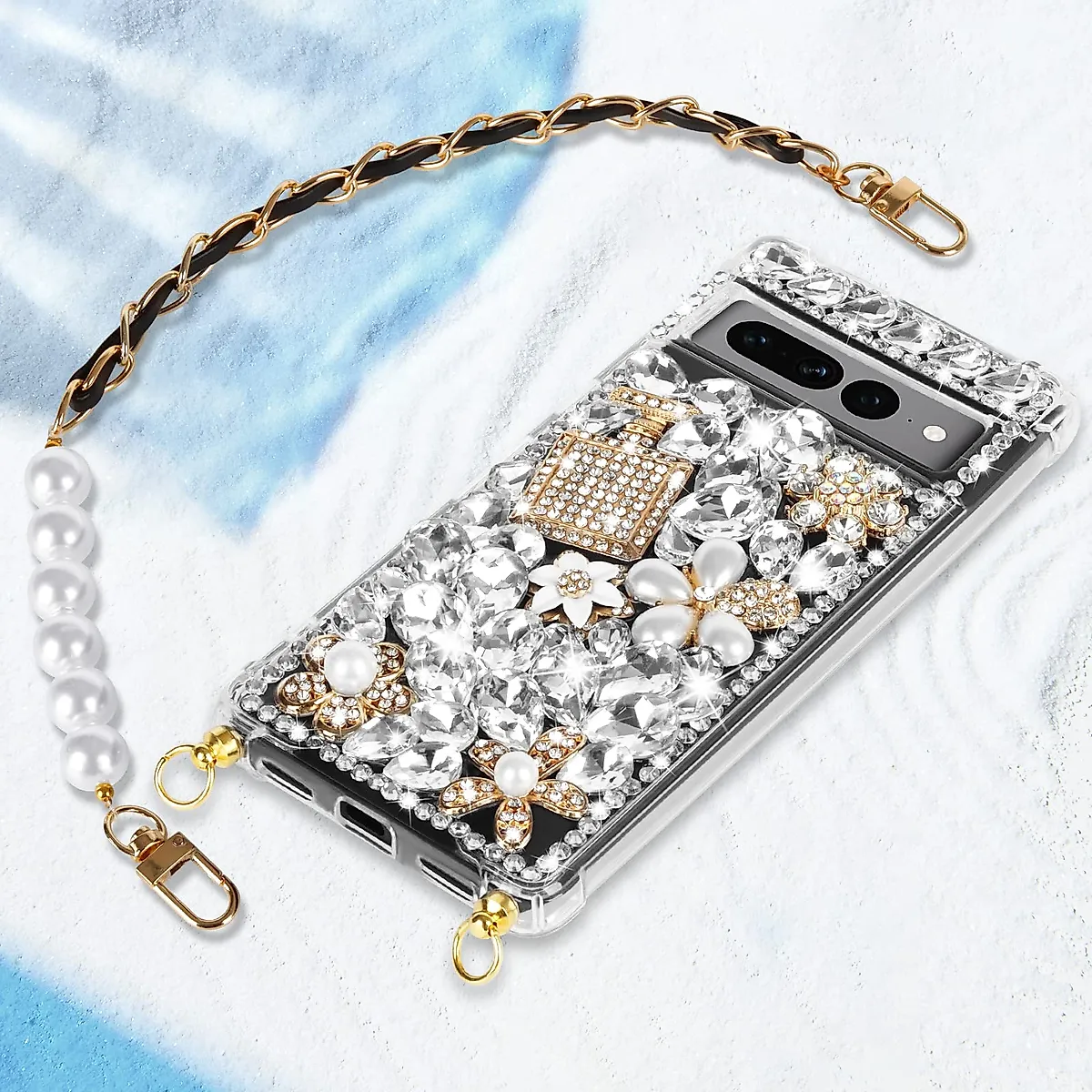 Leiju Case for Google Pixel 7 Pro with Strap Glitter Design,3D Handmade Sparkle Stunning Stones Crystal Diamond Bling Glitter Phone Case for Google Pixel 7 Pro