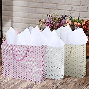 15 X 12 inch Medium Glitter Polka Dots Pattern Gift Wrap Bags in Assorted Colors, Set of 3