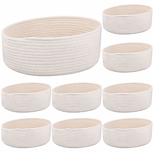 Dandat 9 Pcs Cotton Rope Woven Basket 13 x 9 x 5'' Oval Cute Basket with Handles Rope Organizing Baskets Shelf Baskets Closet Storage Bins for Living Room Playroom Baby Room Bedroom (White)