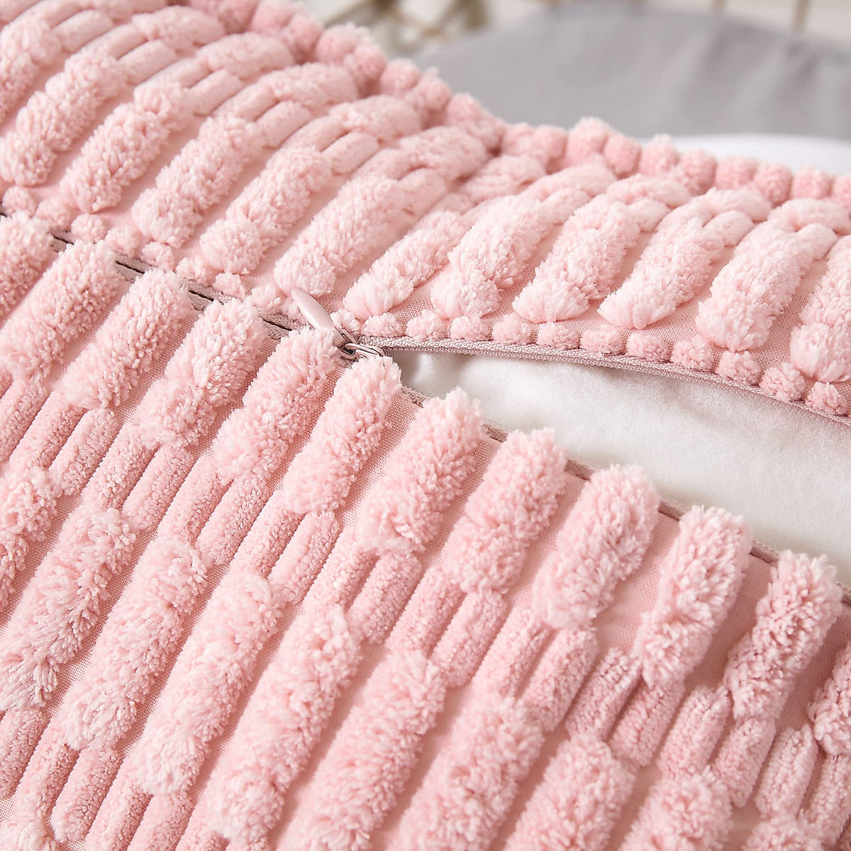 Set of 2 Decorative Throw Pillow Covers 18x18 Inch for Living Room Couch Bed Sofa, Boho Striped Corduroy Square Cushion Case Farmhouse Home Decor, Pink