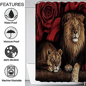 GUDAGUU 4 Piece Red Rose with Tiger and Lion Shower Curtains Bathroom Sets,Romantic Animals Bath Rugs Toilet Seat Cover
