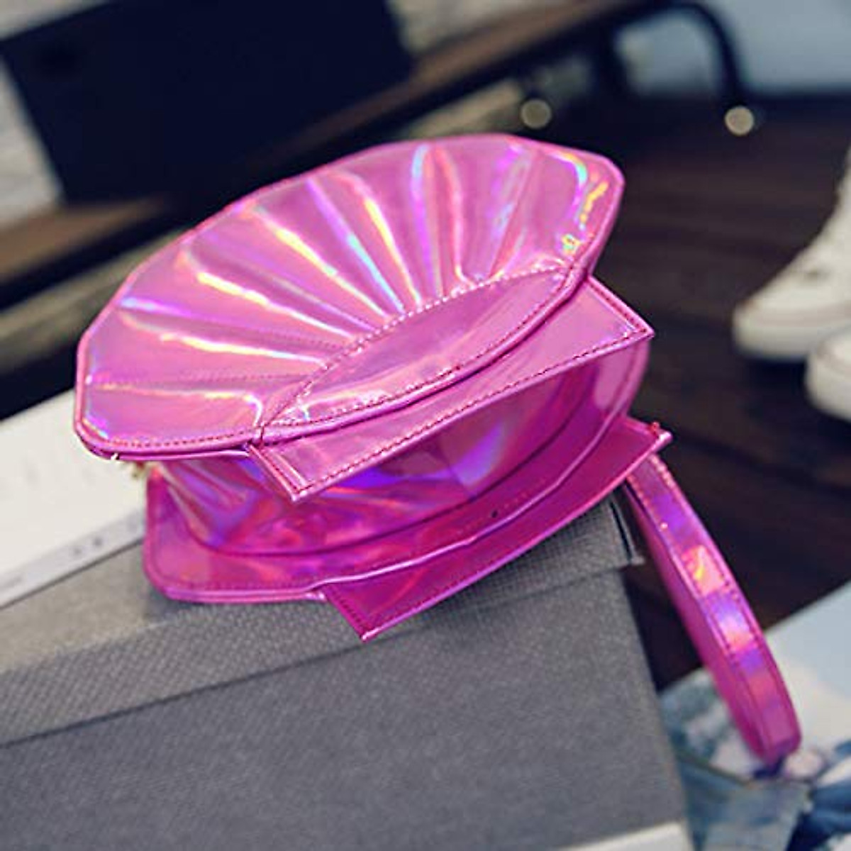 Women Mini Hologram Seashell Shape PU Leather Evening Clutch Handbag Cross-body Bag