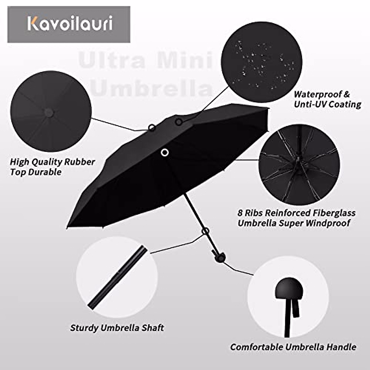 Kavoilauri Small Pocket Umbrella - Mini Folding Compact Umbrella with Case, Travel Umbrella for Rain,8 Ribs Lightweight Portable Umbrella for Girls and Women(Black)