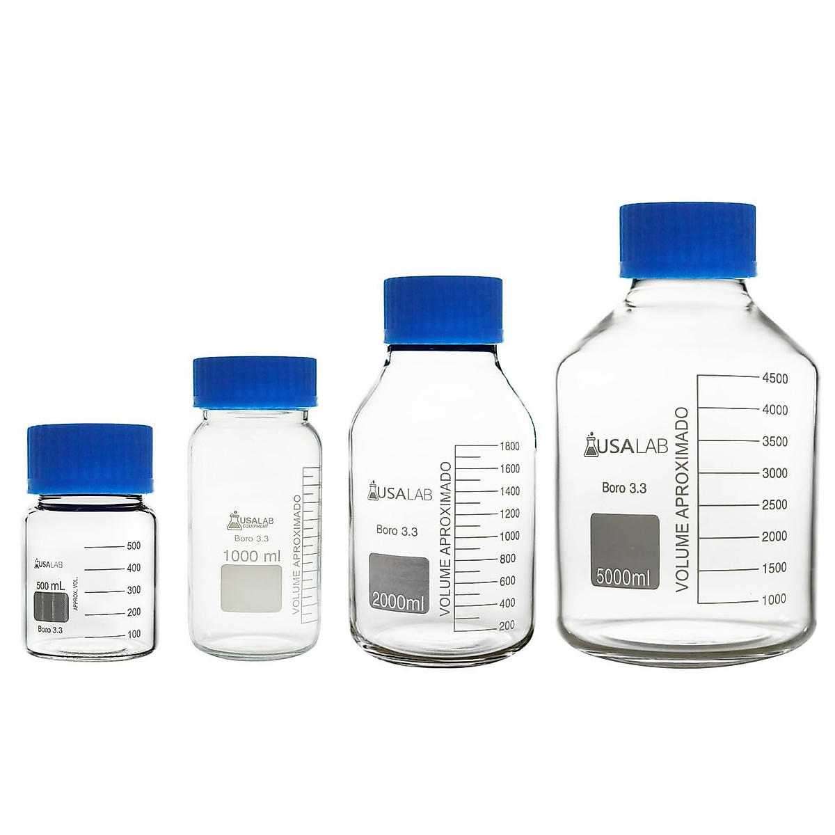 USA LAB 5000 ML Round Wide Mouth Media Bottle with GL80 Screw Cap, Clear 3.3 Borosilicate Glass Bottles for Scientific Solution Storage, Multi Purpose Science Labs Solvent Container