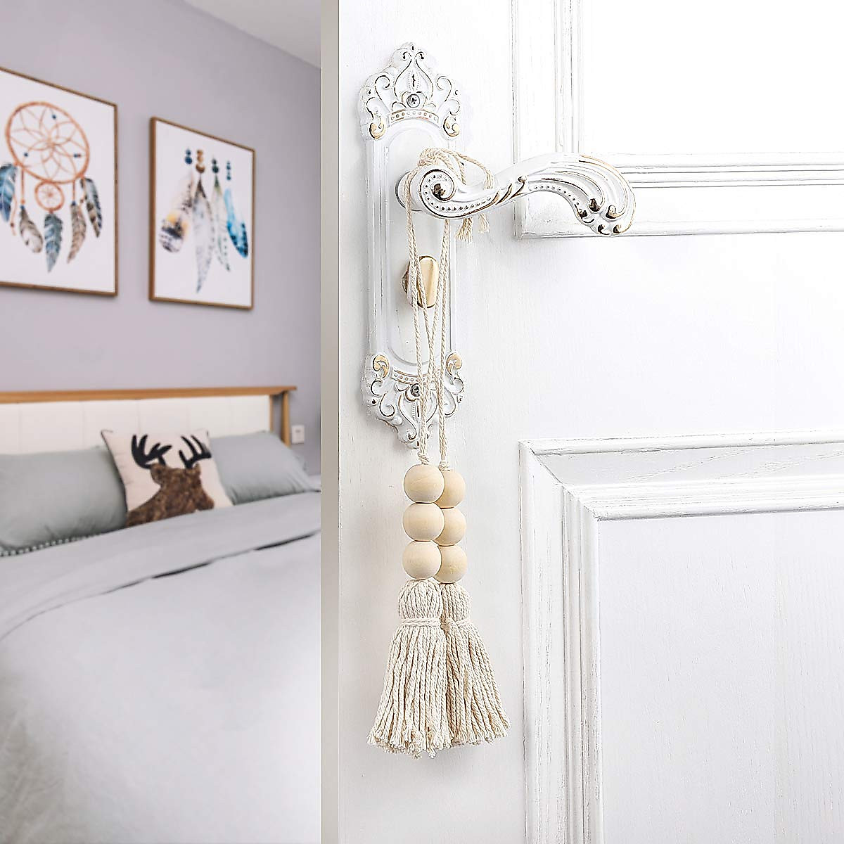 Wood Bead Garlands,Farmhouse Beads Tasels,Rustic Country Decor Prayer Beads for Home Door Knob Decor