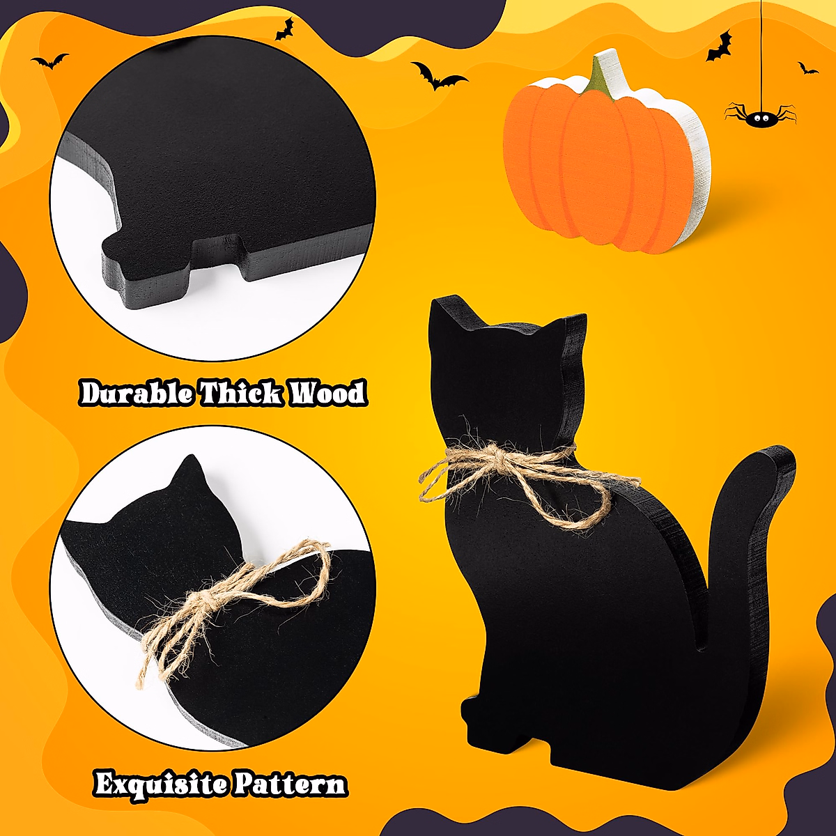 JAPBOR 4PCS Halloween Wooden Centerpieces Table Decorations, Black Cat Pumpkin Tiered Tray Set Decor, Reversible Happy Fall Halloween Party Themed Sign Wood Block Table Topper Décor for Home Kitchen