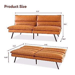 Opoiar Convertible Armless Futon Sofa Bed,3" Memory Foam Modern Loveseat Couch,71" L Sleeper Sofa Bed,Small Splitback Modern Faux Leather Futon Sofa for Living Room,Home Office,Apartment,Brown