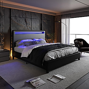 AnwickNomo Modern Queen Size Faux Leather Upholstered Platform Bed Frame with LED Light Headboard, Wood Slat Support, No Box Spring Needed, Mattress Base, Black