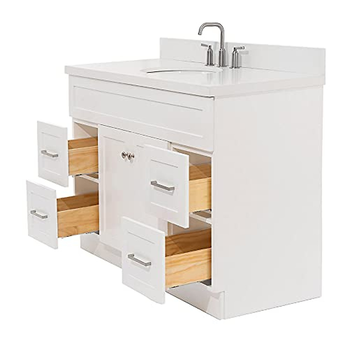 ARIEL 49" White Bathroom Vanity with 1.5" Edge Pure White Quartz Countertop & Splash, Rectangular Sink, 2 Soft Closing Doors, 4 Full Extension Dovetail Drawers, Built in Toe Kick, Brushed Nickel