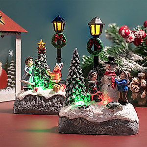 Mudder 2 Pieces Christmas Village Houses Decorations Led Light up Christmas Tree Christmas Snowman Light Christmas Decorations Figurines Buildings Landscape Lamppost Dector