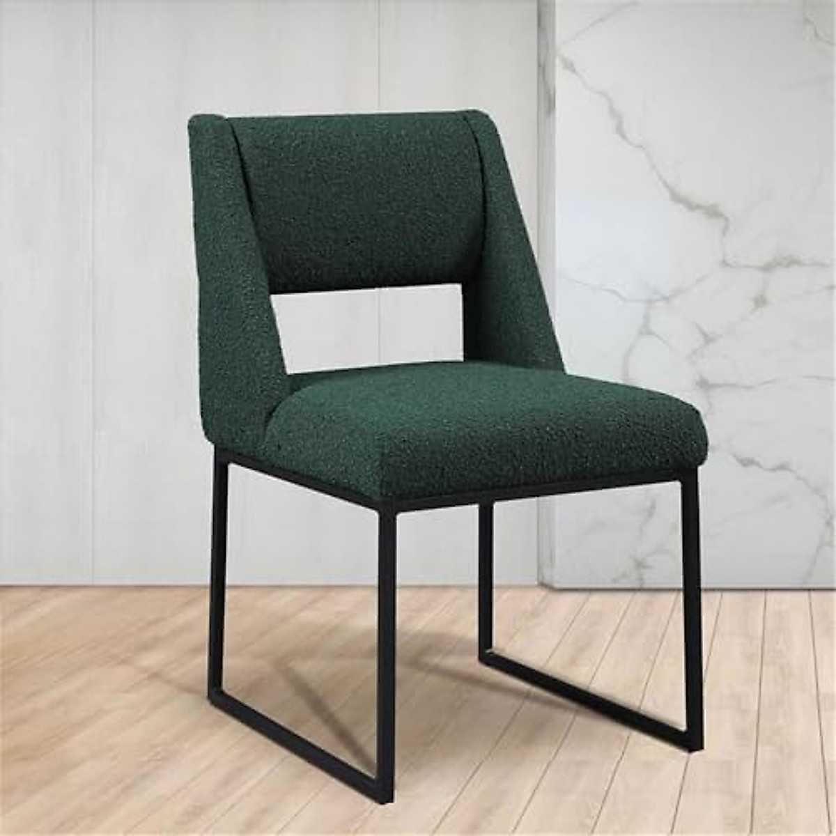 Meridian Furniture 839Green-C Jayce Collection Modern | Contemporary Dining Chair with Rich Green Boucle Fabric, Matte Black Iron Base, 19" W x 22.5" D x 33" H, Green, Set of 2