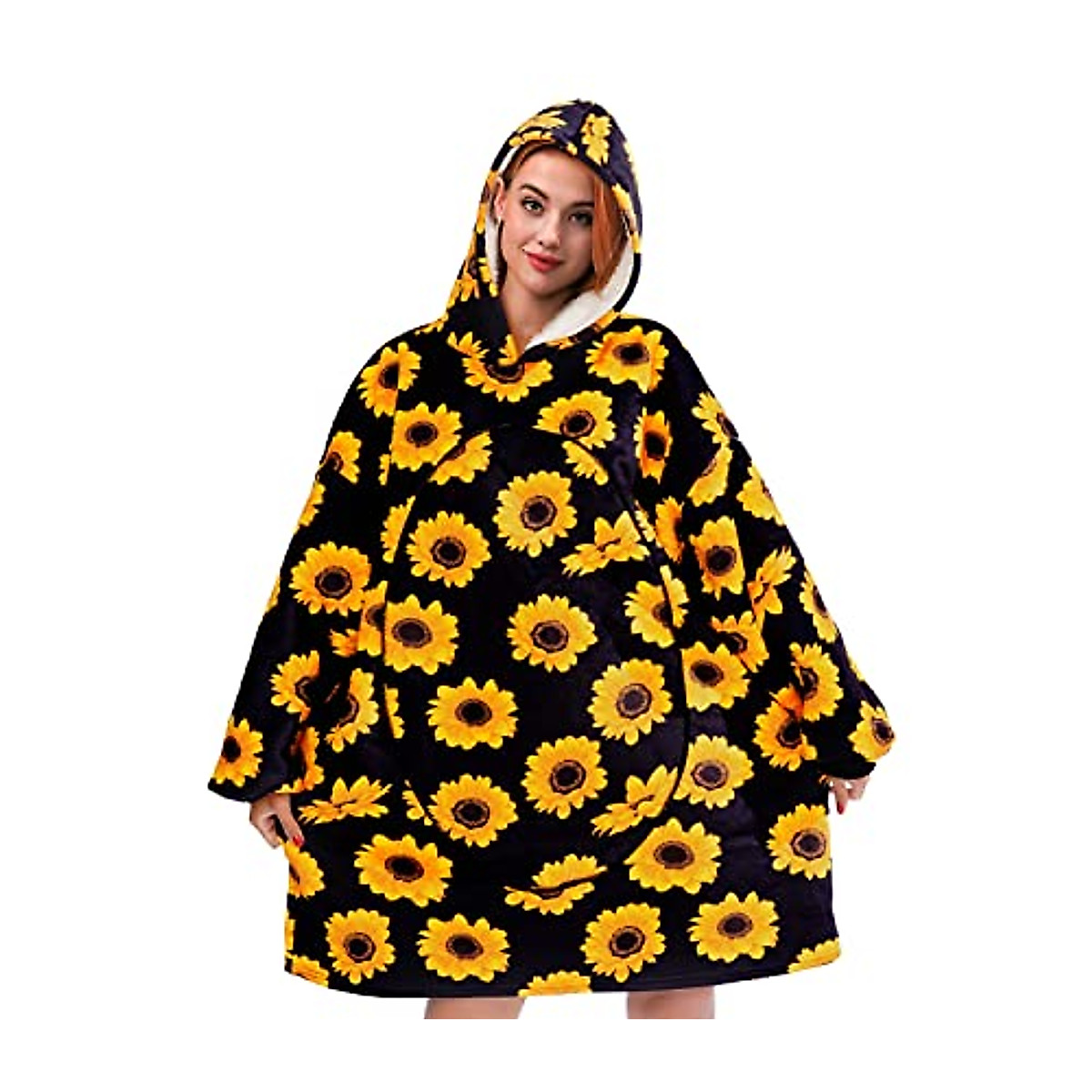 vavalad Sunflower Wearable Blanket Sweatshirt Sherpa Oversized Hoodie TV-Blanket with Sleeves and Pockets for Adults Men Women Teens One Size Fits All