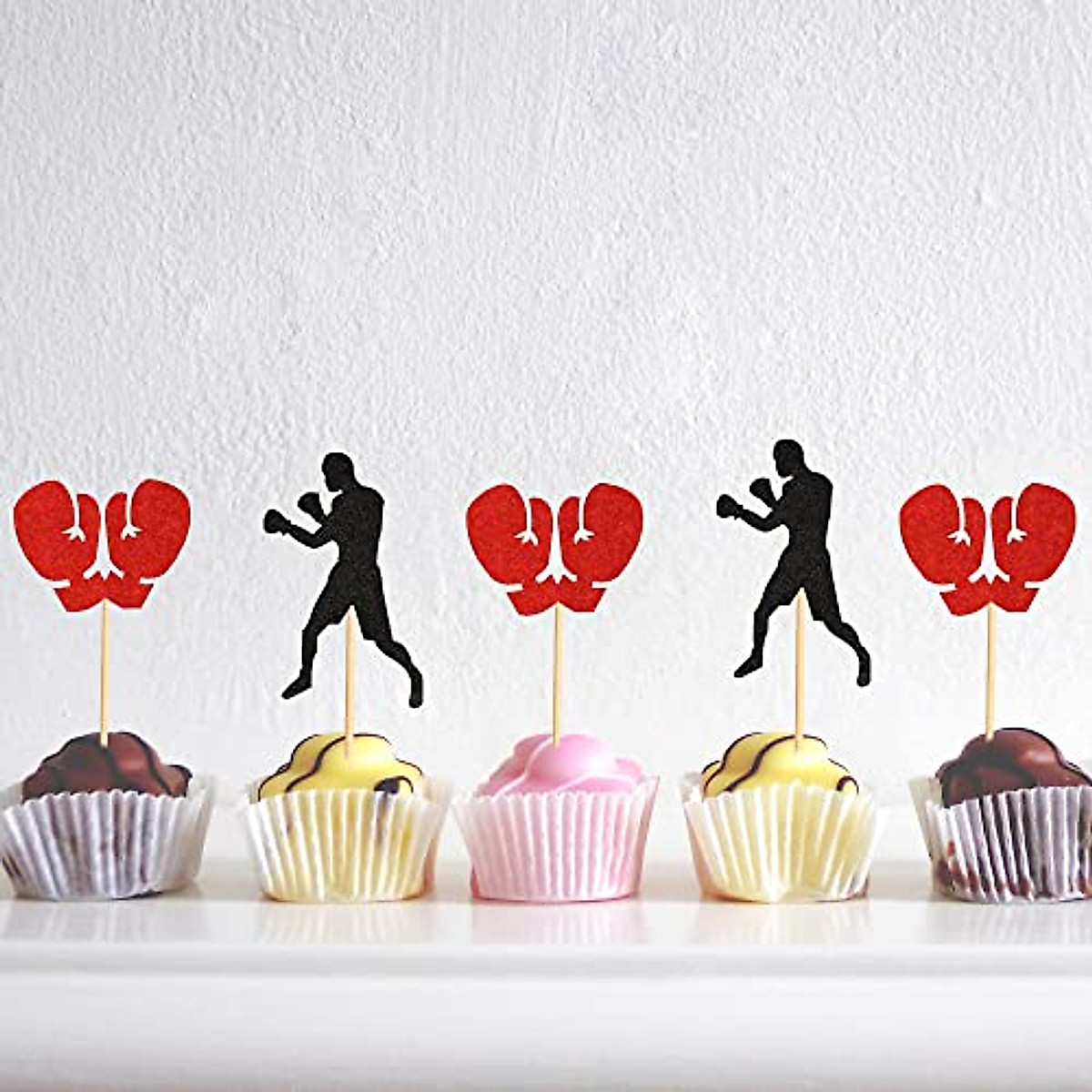 Arthsdite 48Pcs Black Red Glitter Boxing Gloves Boxer Cupcake Toppers Fitness Cupcake Picks Boxer Birthday Party Decorations