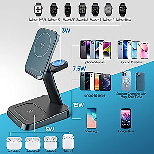 45°Adjustable Angle 3 in 1 Magnetic Wireless Charging Station, 23W Fast Mag-Safe Charger Stand with 20W QC3.0 Adapter, Metal Texture, for iPhone 14/13/12 Series, iWatch Ultra/8/7/6/5/4/3/2, AirPods
