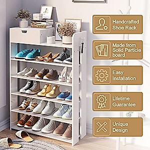 Waktavel 5 Tiers Vertical Shoe Rack with Hook, Wooden Shoe Rack Organizer with Open Top Free Standing Shoe Storage Stand for Entryway Hallway