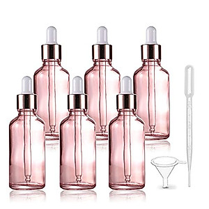 6 Pcs,1.7 Oz Pink Glass Dropper Bottle for Essential Oils,Empty Glass Eye Dropper Bottle Holder With Glass Reagent Pipette,Rose-Golden Caps Perfume Travel Vial Container-FREE Pipette,Funnel included