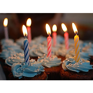 Mighty Merchandise Unscented Traditional Birthday Candles (Pack of 144) - Yellow, Blue, Pink, Green and White Stripped Colors - 4 Boxes of 36