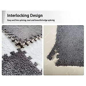 9/12/15/16 Pcs Interlocking Foam Carpet Tiles,Soft Fluffy Plush Area Rug Mat,Crawling Playmat Puzzle Mat,for Bedroom, 12X12inch, 0.4 Inch Thicken Foam,Grey+Rose red,16 PCS