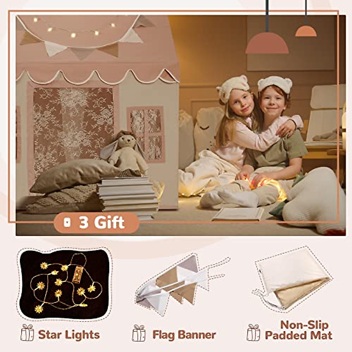 Kids Play Tent with Non-Slip Mat, Star Lights, Decorating Flag, Lace Curtains Playhouse with 4 Windows, Machine Washable, Indoor and Outdoor Play Tent for Kids, Girls, Pink, 47" x 40" x 52"