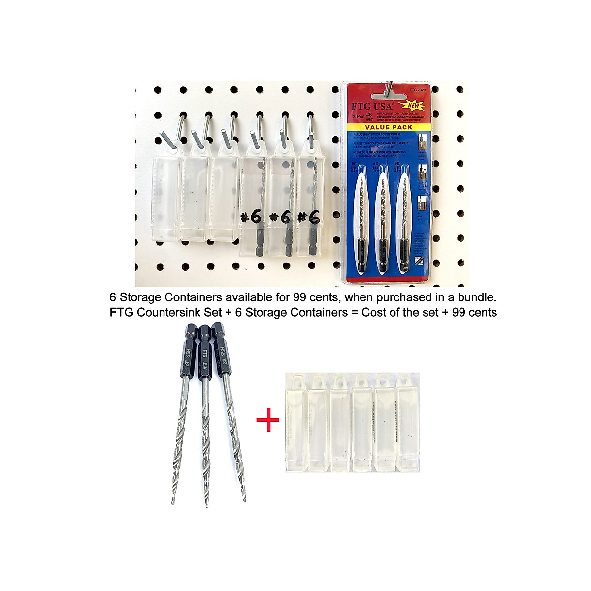 FTG USA Countersink Drill Bit Set 6 Pc #6 (9/64") Wood Countersink Drill Bit Pro Pack Countersink Set, with 3 Replacement Tapered Countersink Bits 9/64", 1 Stop Collar, 1 Hex Wrench