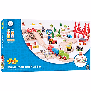Bigjigs Rail 80 Piece Rural Road and Rail Wooden Train Set - Kids Train Set with 80 Bigjigs Train Accessories incl. Bridges & a Level Crossing for Pretend Play