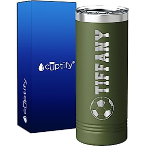 Personalized Soccer Ball Tumbler with Lid Laser Engraved on Army Green 22 oz Stainless Steel Insulated Cup Birthday Gift for Men, Women, Sports Lover
