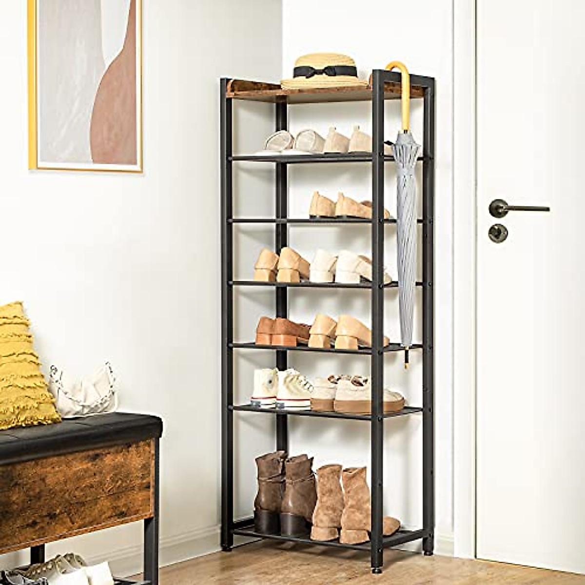 HOOBRO 8 Tier Shoe Rack, Narrow Shoe Storage Organizer with 7 Metal Shelves, Saving Space, Stable and Sturdy, Hold 14-21 Pairs of Shoes, for Entryway, Hallway, Living Room, Rustic Brown BF48XJ01