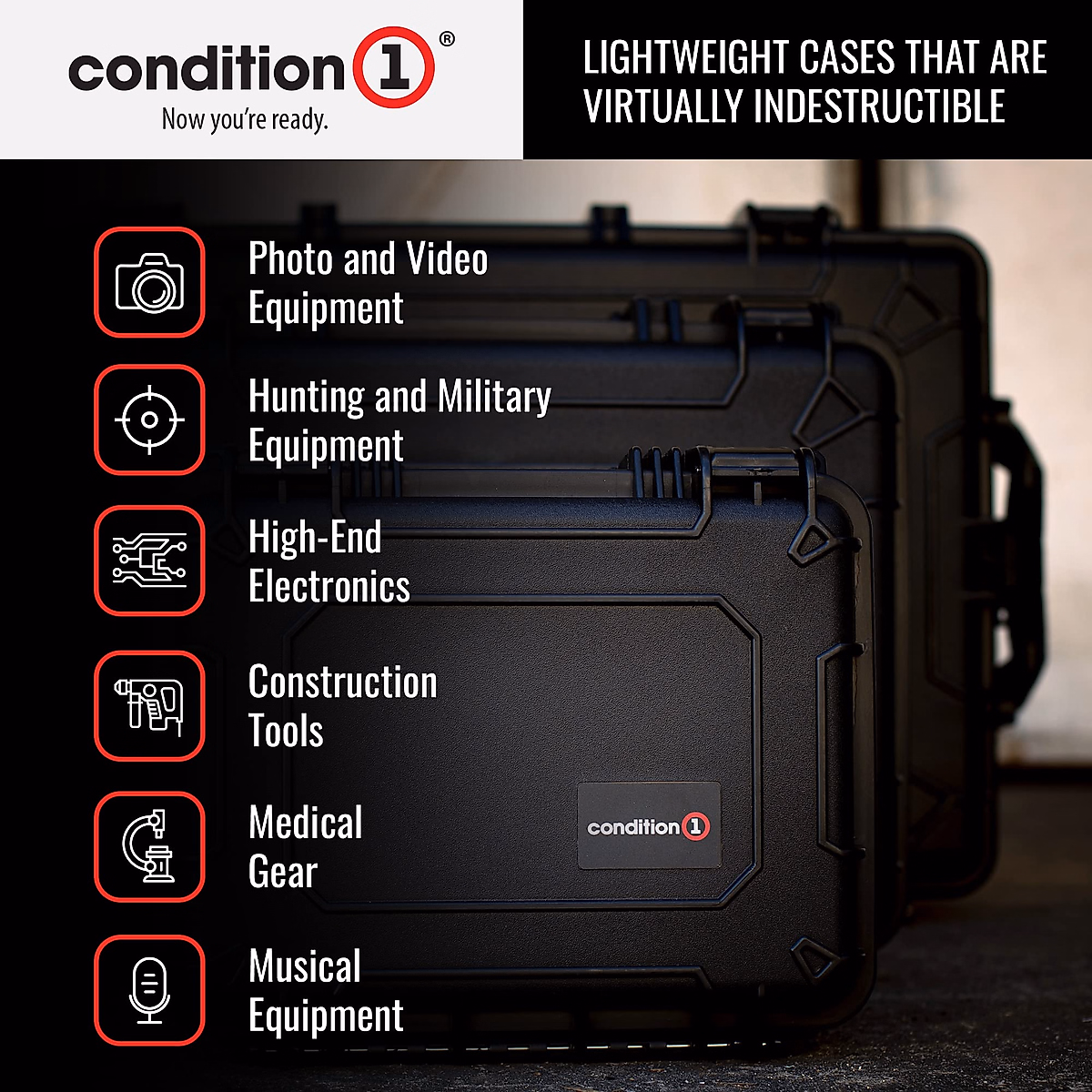 Condition 1 20" Large Hard Case Lockable Storage Box, Waterproof Tough Plastic Case Protective Luggage for Camera, Tactical Gear, Made in USA, 227, 19.75"x15.75"x7.5" Black