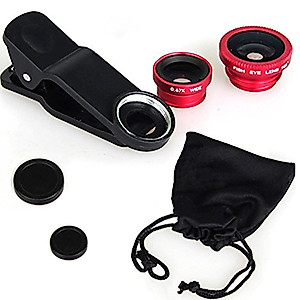 KINGMAS 3 in 1 Universal Fish Eye & Macro Clip Camera Lens Kit for iPad iPhone 7 6 5 Samsung BlackBerry HTC and Most Smartphones (Red)